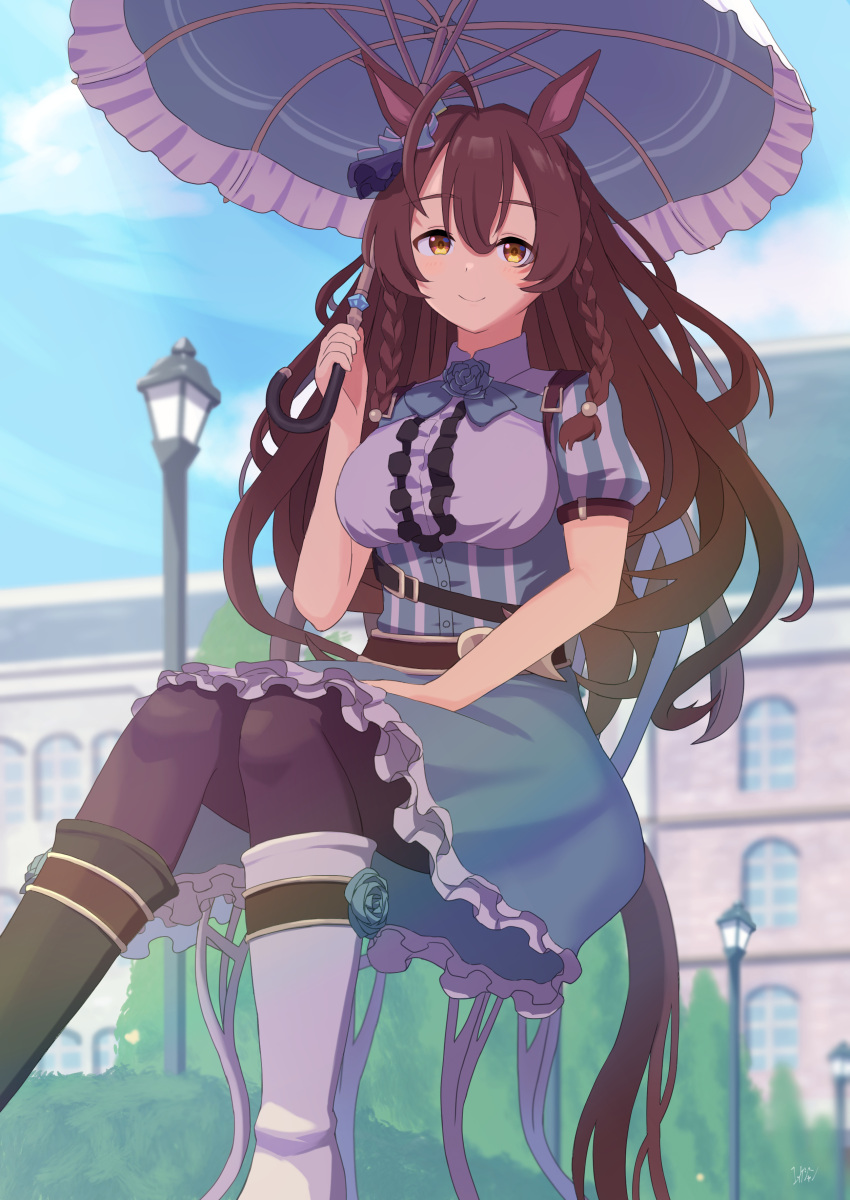 Safebooru - 1girl absurdres ahoge blurry blurry background breasts brown eyes brown hair chair ...