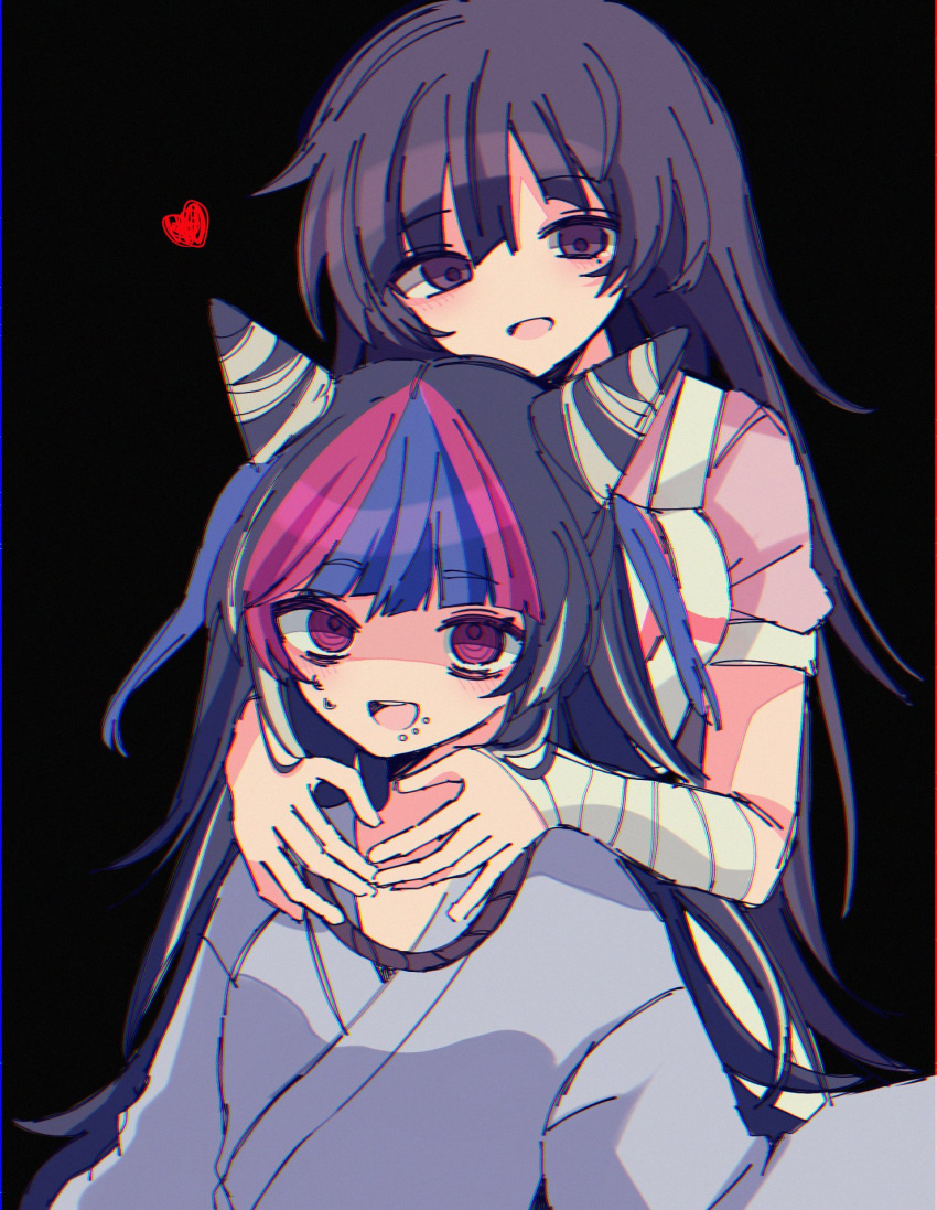 Safebooru - 2girls :d apron bandaged arm bandages bangs black background black hair blue hair ...