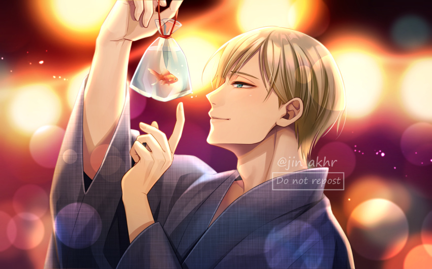 Safebooru - 1boy aged down alternate eye color bag black kimono blonde ...