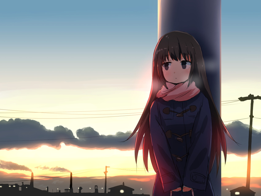 Safebooru - 1girl bag blue coat breath brown eyes brown hair clouds coat highres holding holding ...