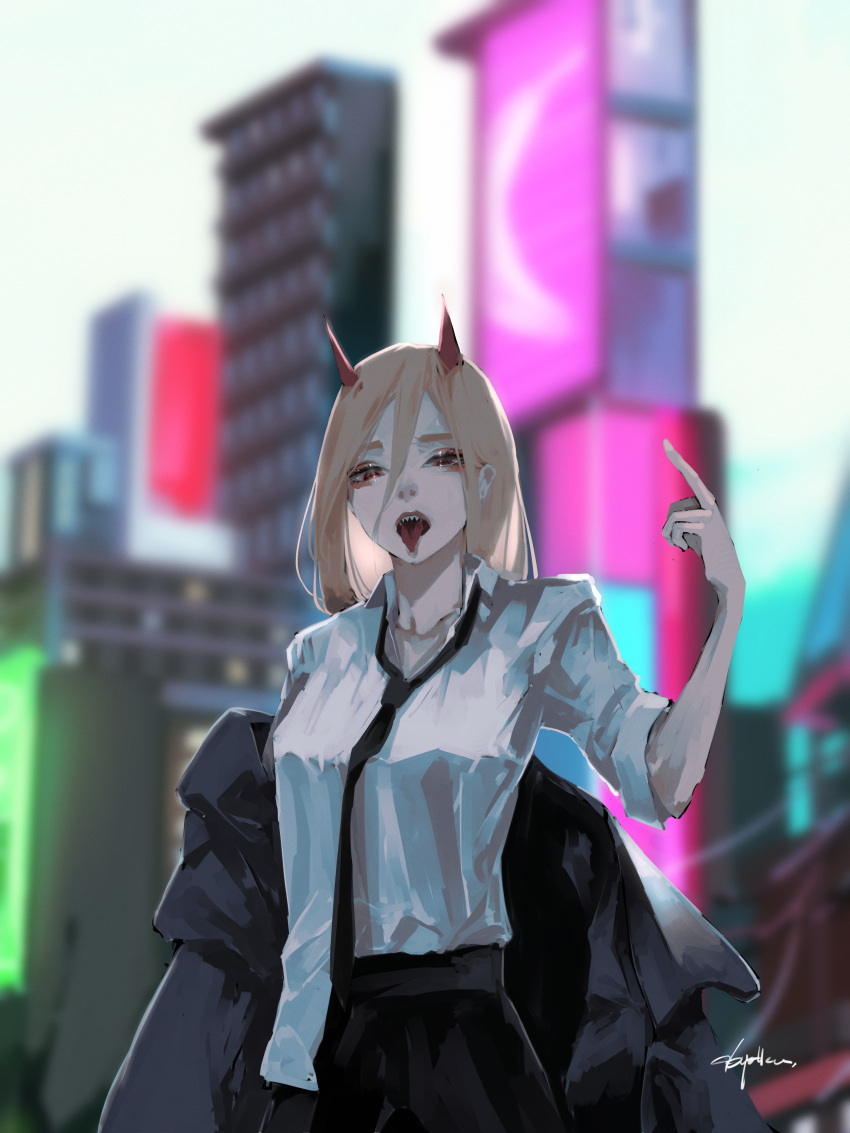 Safebooru - 1girl 96yottea absurdres black jacket black necktie black pants blonde hair blurry ...