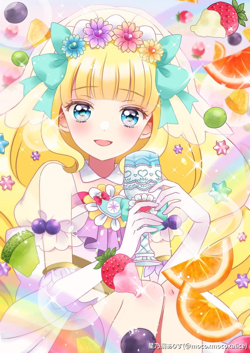 Safebooru - 1girl :d absurdres aqua bow artist name bangs blonde hair ...