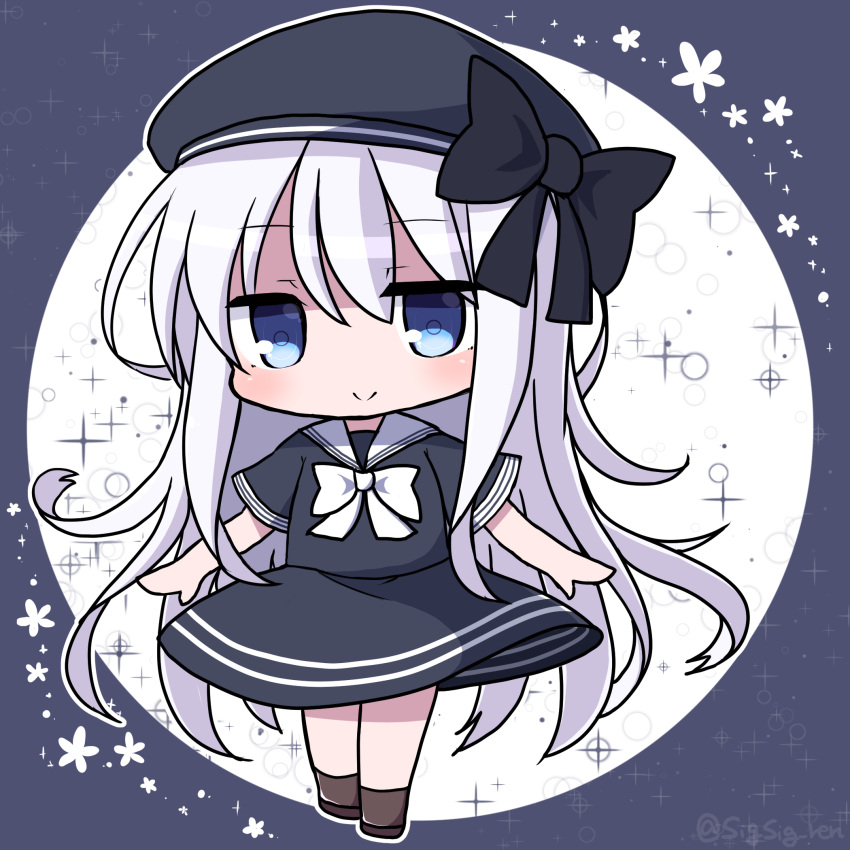 Safebooru - 1girl bangs beret black bow black dress black headwear blue eyes bow brown footwear ...