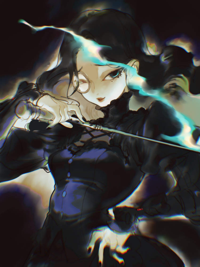 Safebooru - 1girl absurdres aura black background black dress black nails breasts character ...
