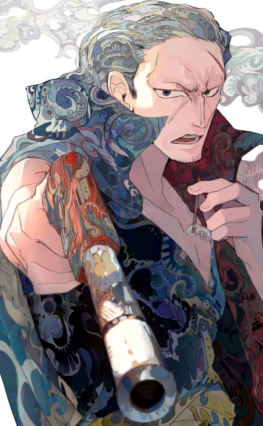 Safebooru - 1boy absurdres aiming aiming at viewer benn beckman coat coat on shoulders facial ...