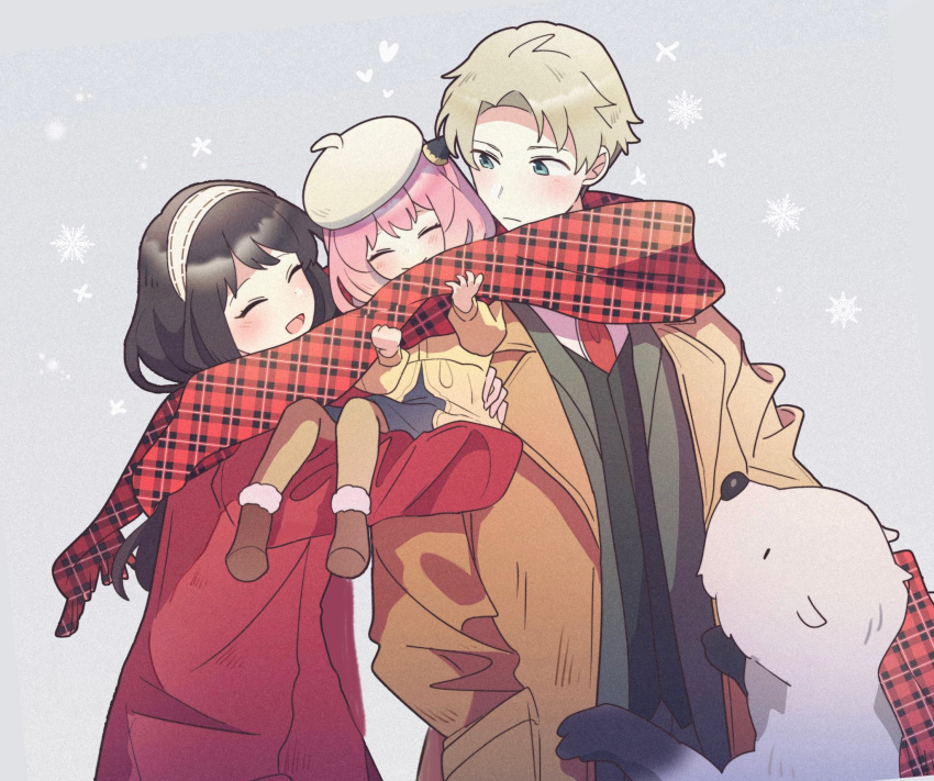 Safebooru - 1boy 2girls animal anya (spy x family) arm hug bangs beret black hair blonde hair ...