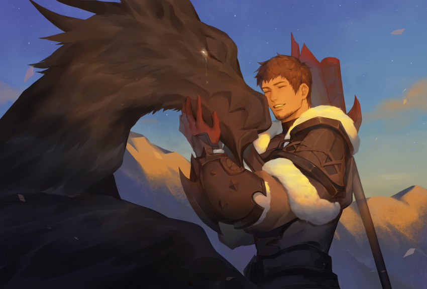 Safebooru - 1boy ajianqaq amaro (ff14) ardbert (ff14) armor axe blue sky brown hair closed eyes ...