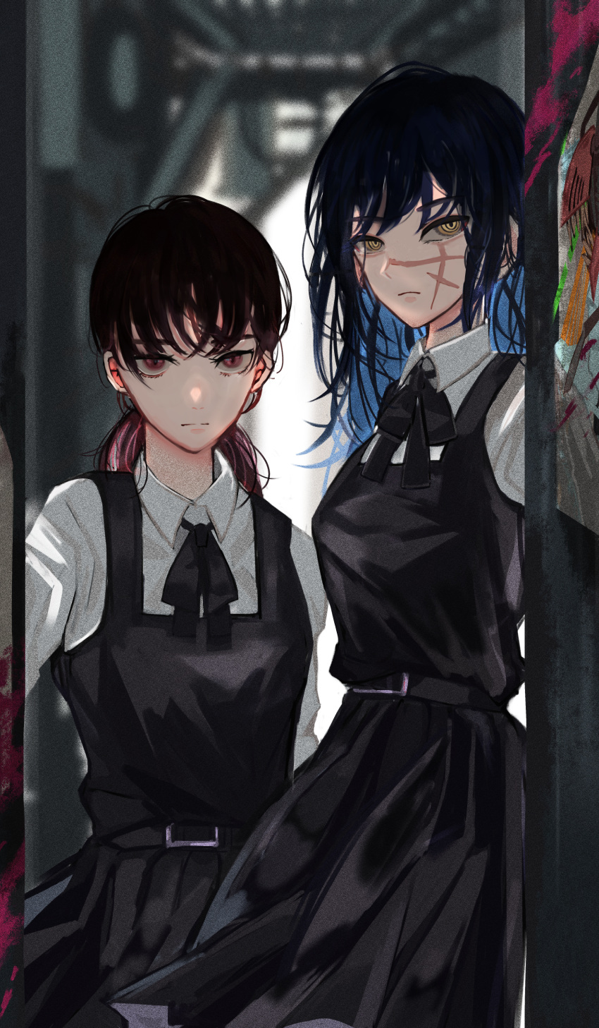 Safebooru - 1boy 2girls absurdres bangs black dress black hair black ribbon chainsaw chainsaw ...