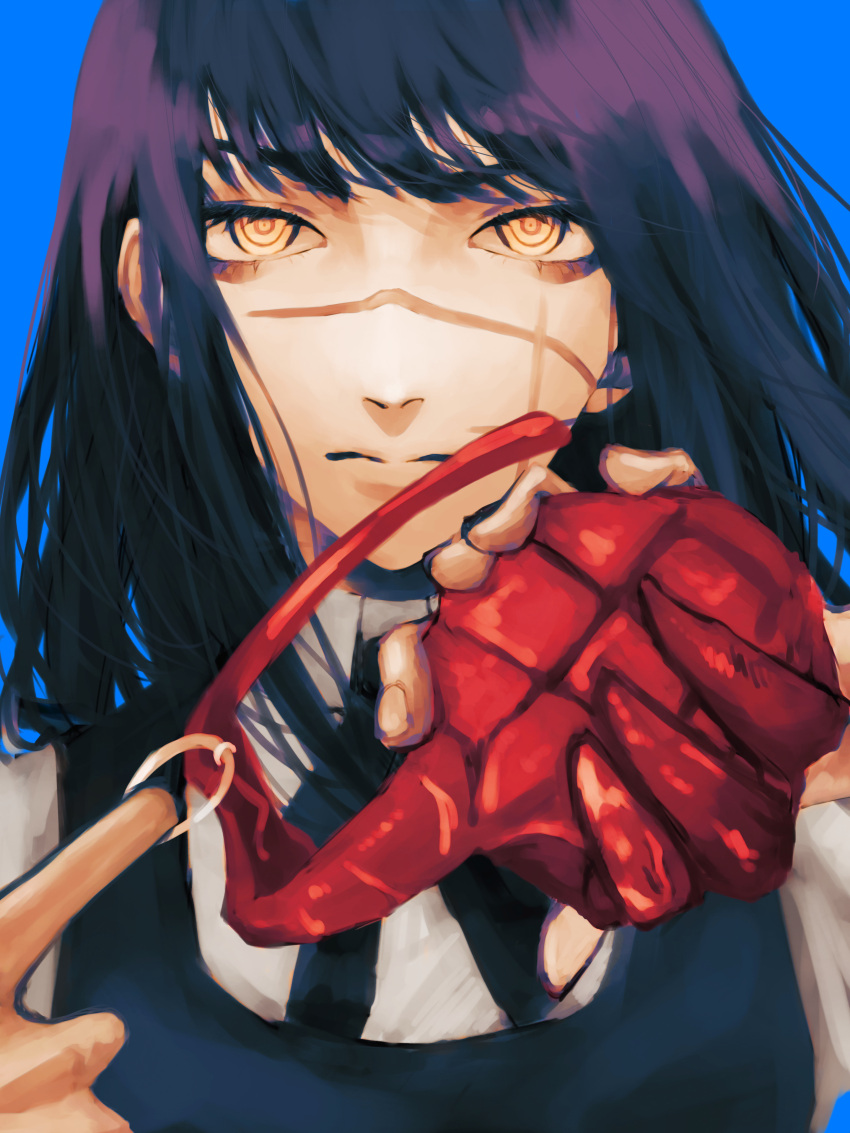 Safebooru - 1girl absurdres black hair black ribbon blue background bonjindaaa chainsaw man ...