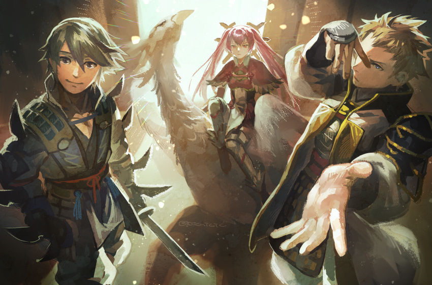 Safebooru - 1girl 2boys absurdres arm blade armor bangs beak bird ...