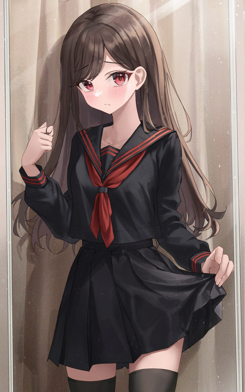 Safebooru - 1girl :/ absurdres bangs black sailor collar black serafuku black shirt black skirt ...
