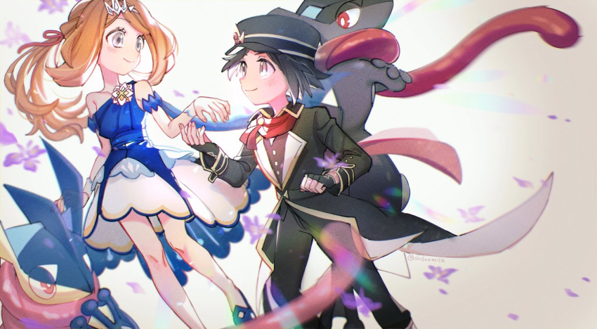 Safebooru - 1boy 1girl alternate color armlet black hair black headwear black jacket black pants ...