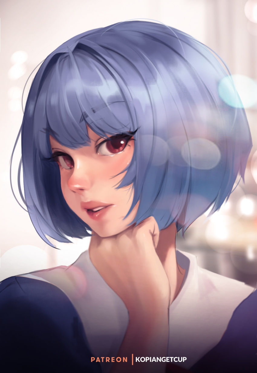 Safebooru - 1girl artist name ayanami rei bangs blue dress blue hair blunt bangs blurry blurry ...