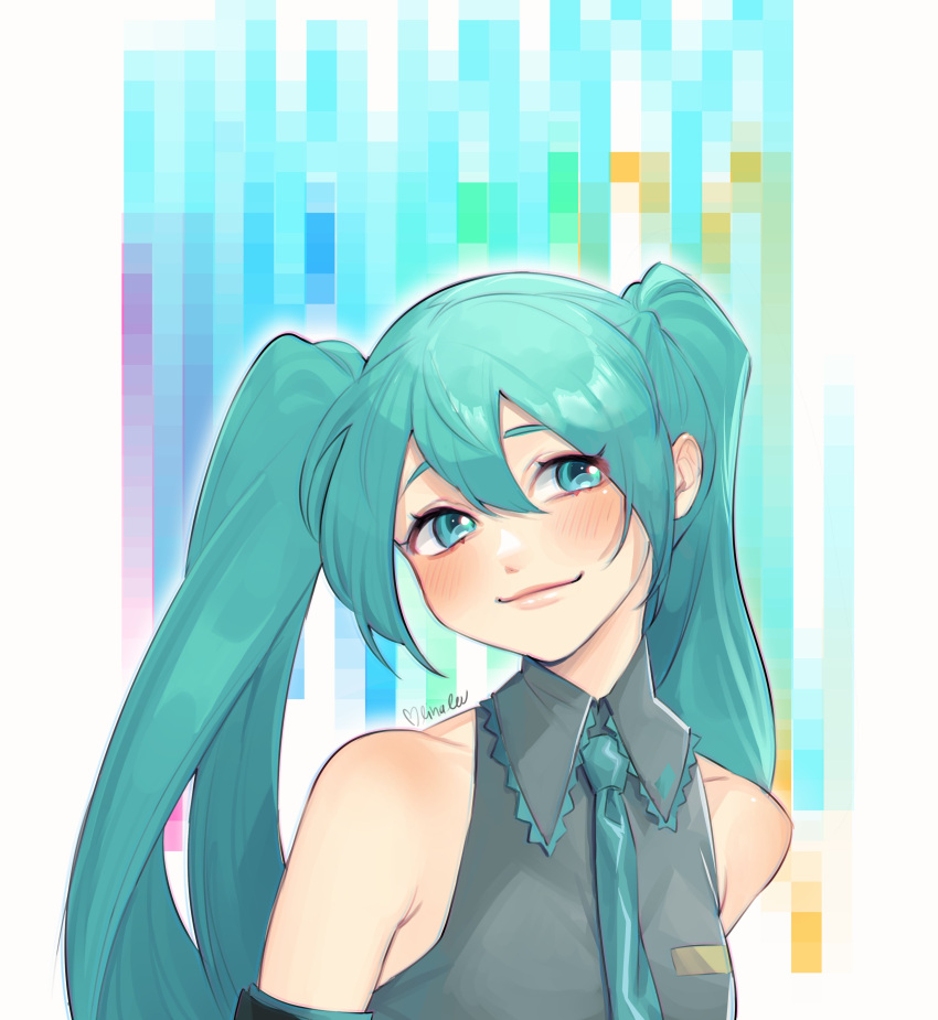 Safebooru - 1girl absurdres aqua eyes aqua hair aqua necktie artist name bare shoulders black ...