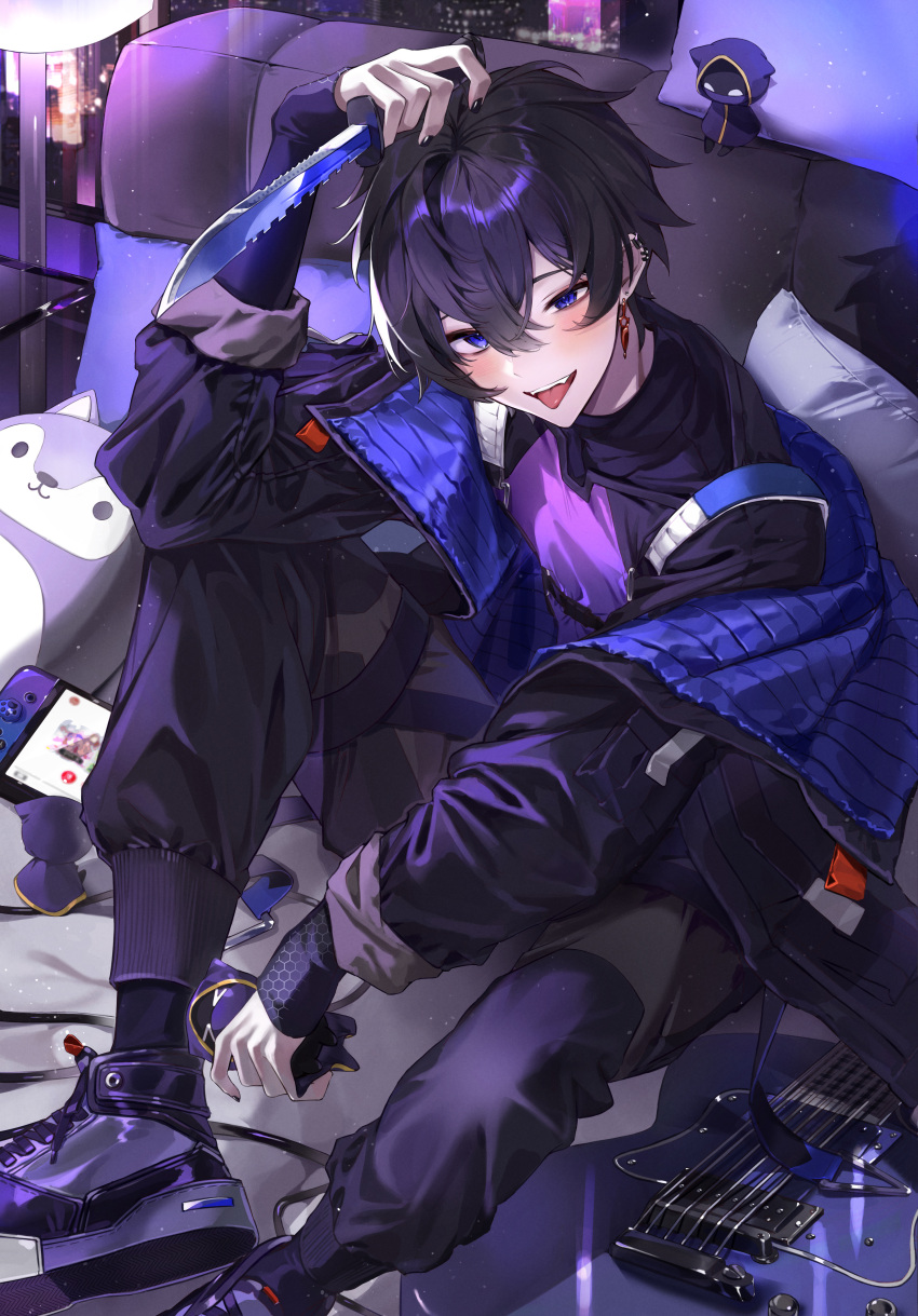 Safebooru - 1boy absurdres bangs bed black footwear black hair black ...