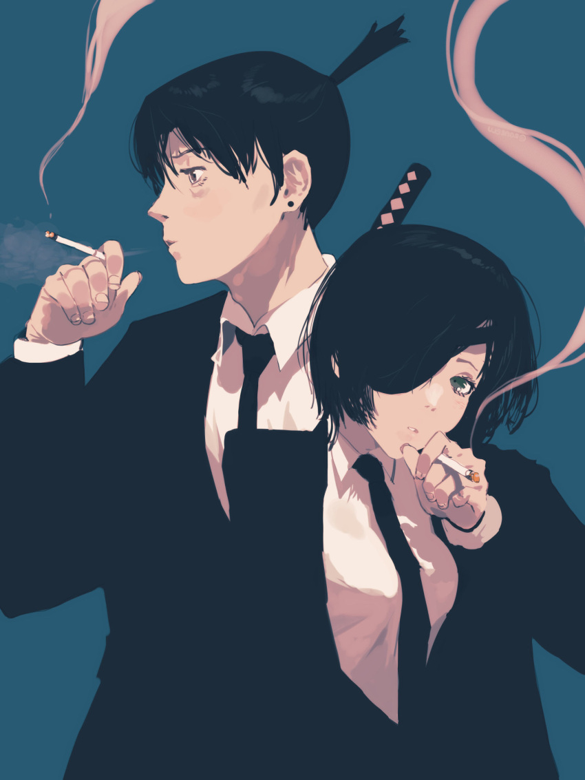 Safebooru - 1boy 1girl bangs black hair black jacket black necktie blue background chainsaw man ...