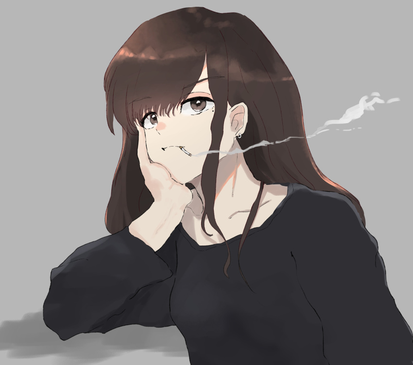 Safebooru - 1girl absurdres brown eyes brown hair cigarette earrings head rest highres jewelry ...