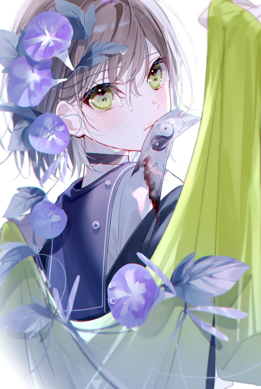 Safebooru 1girl Bangs Black Choker Brown Hair Choker Flower Green 5792