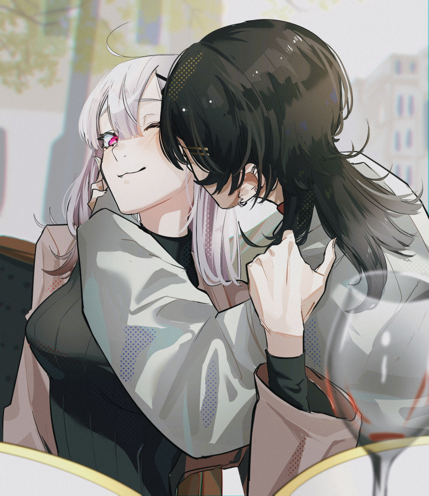 Safebooru - 2girls ahoge alternate costume bangs black hair blush couple eye contact eyes ...