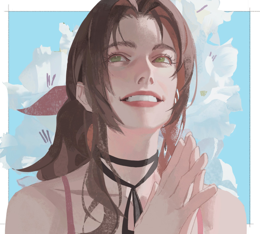 Safebooru - 1girl aerith gainsborough bangs bare shoulders blue background border brown hair ...