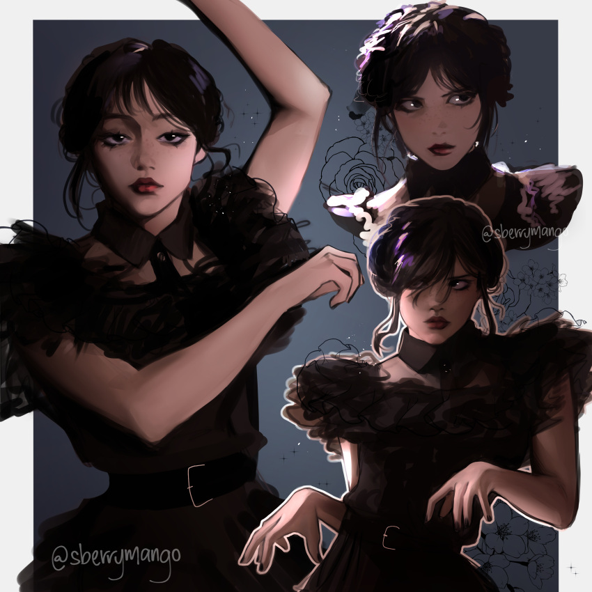 Safebooru - 1girl absurdres addams family arm up bangs black dress ...