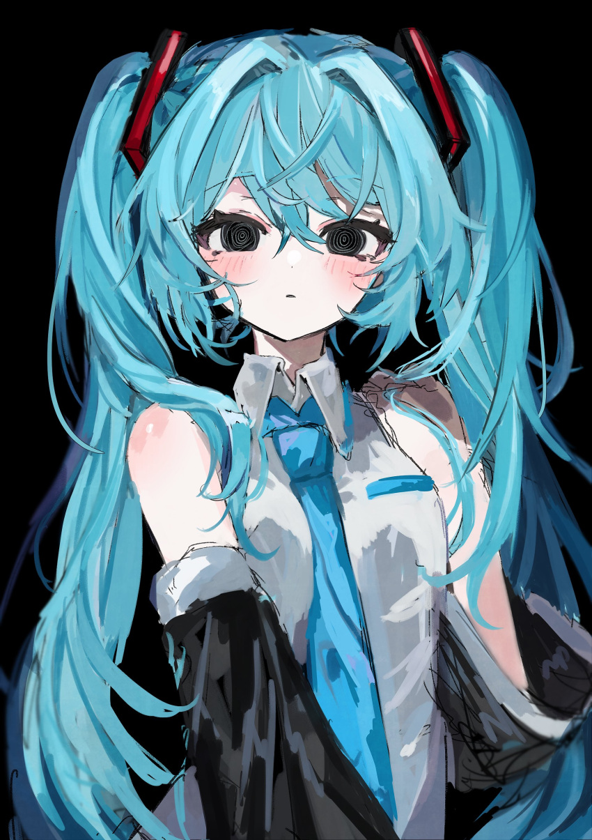 Safebooru - 1girl @ @ absurdres black background black eyes black sleeves blue hair blue necktie ...