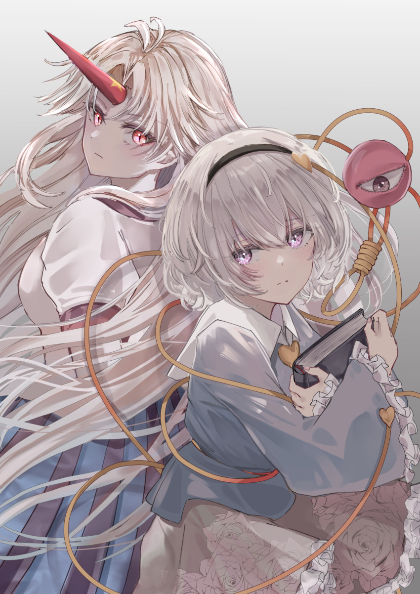 Safebooru - 2girls black hairband blonde hair blouse blue shirt blue skirt blush book closed ...