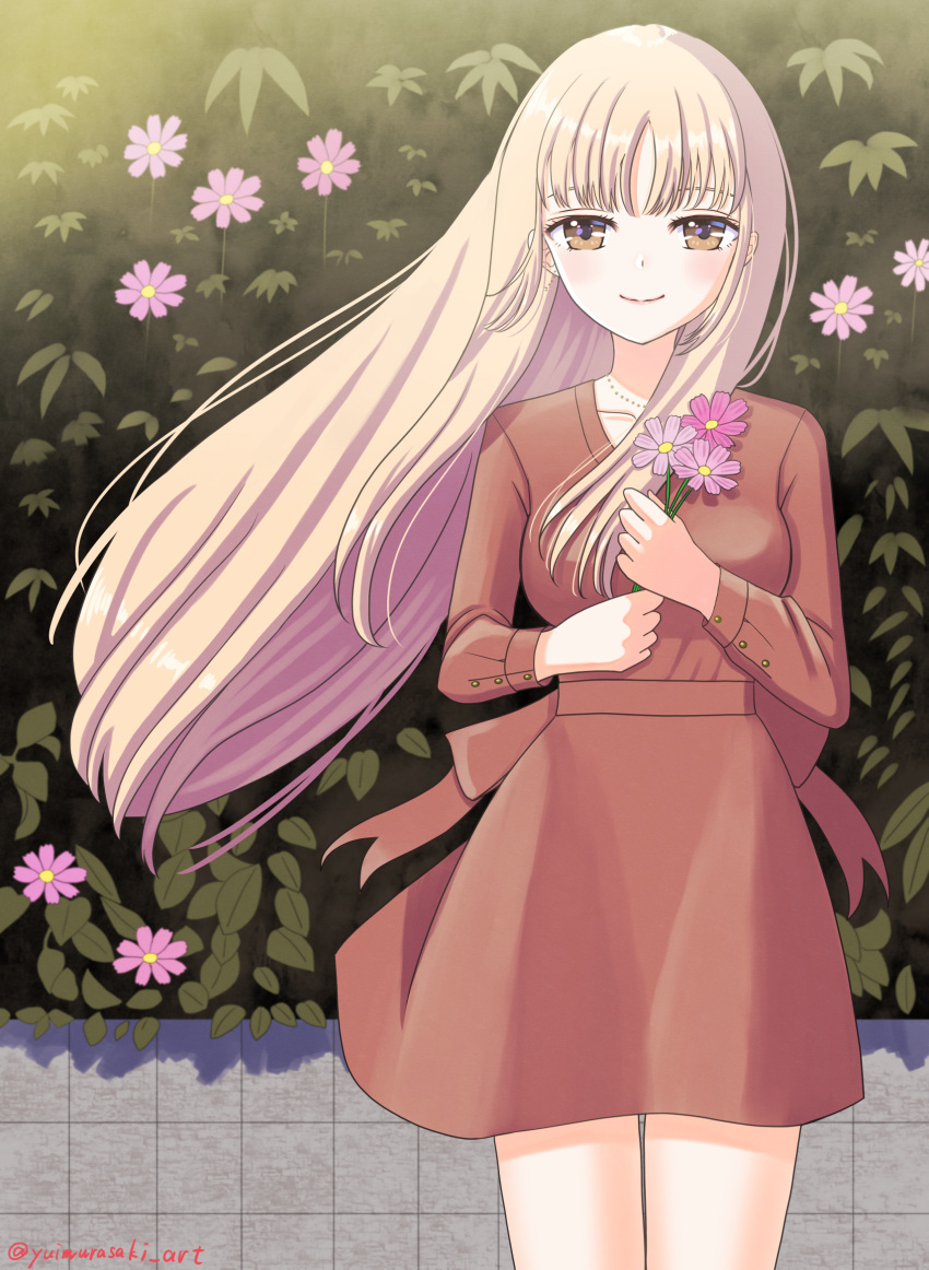 Safebooru - 1girl artist name blonde hair blush brown dress brown eyes day dress flower highres ...