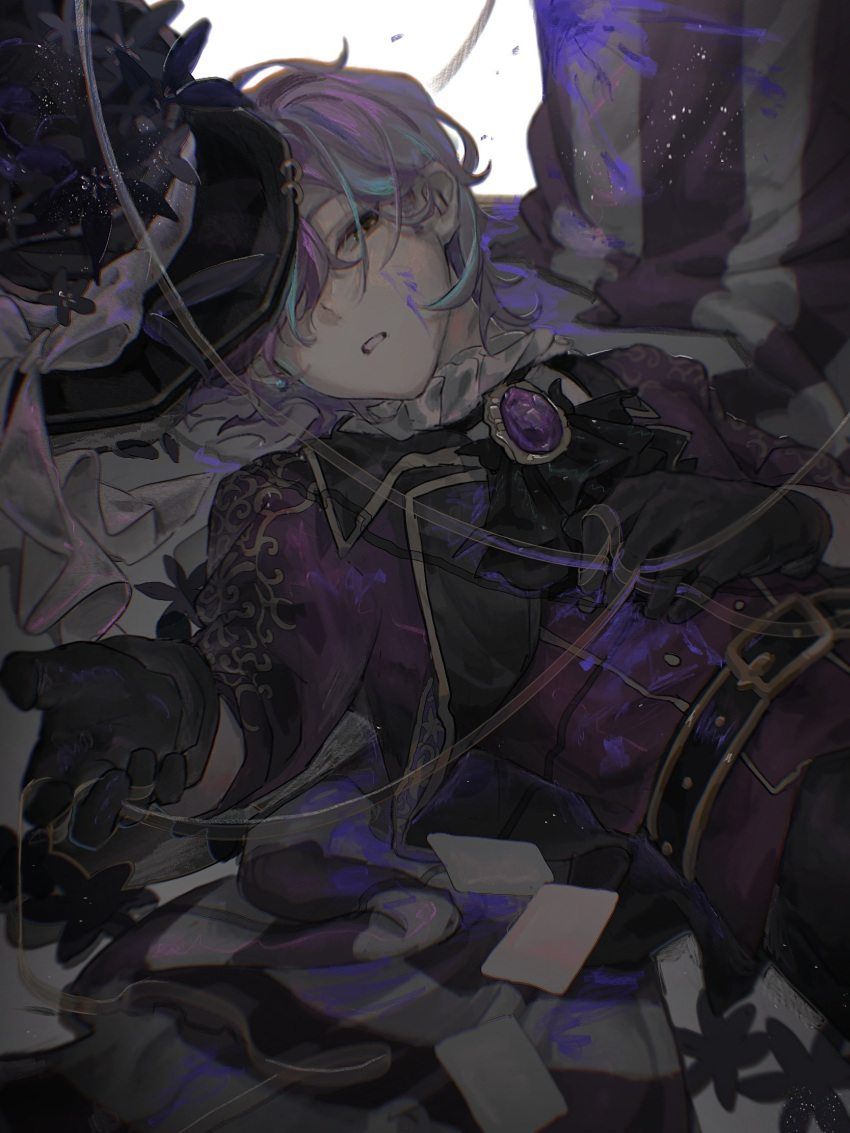 Safebooru - 1boy ascot belt black ascot black belt black flower black gloves black headwear ...