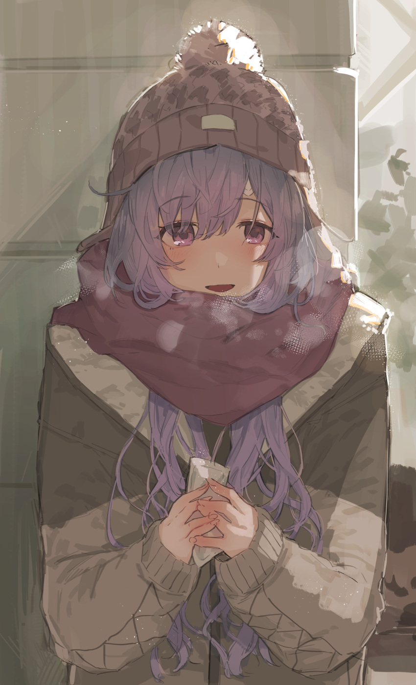 Safebooru - 1girl absurdres alternate costume bandaid bandaid on face beanie blush breath brown ...