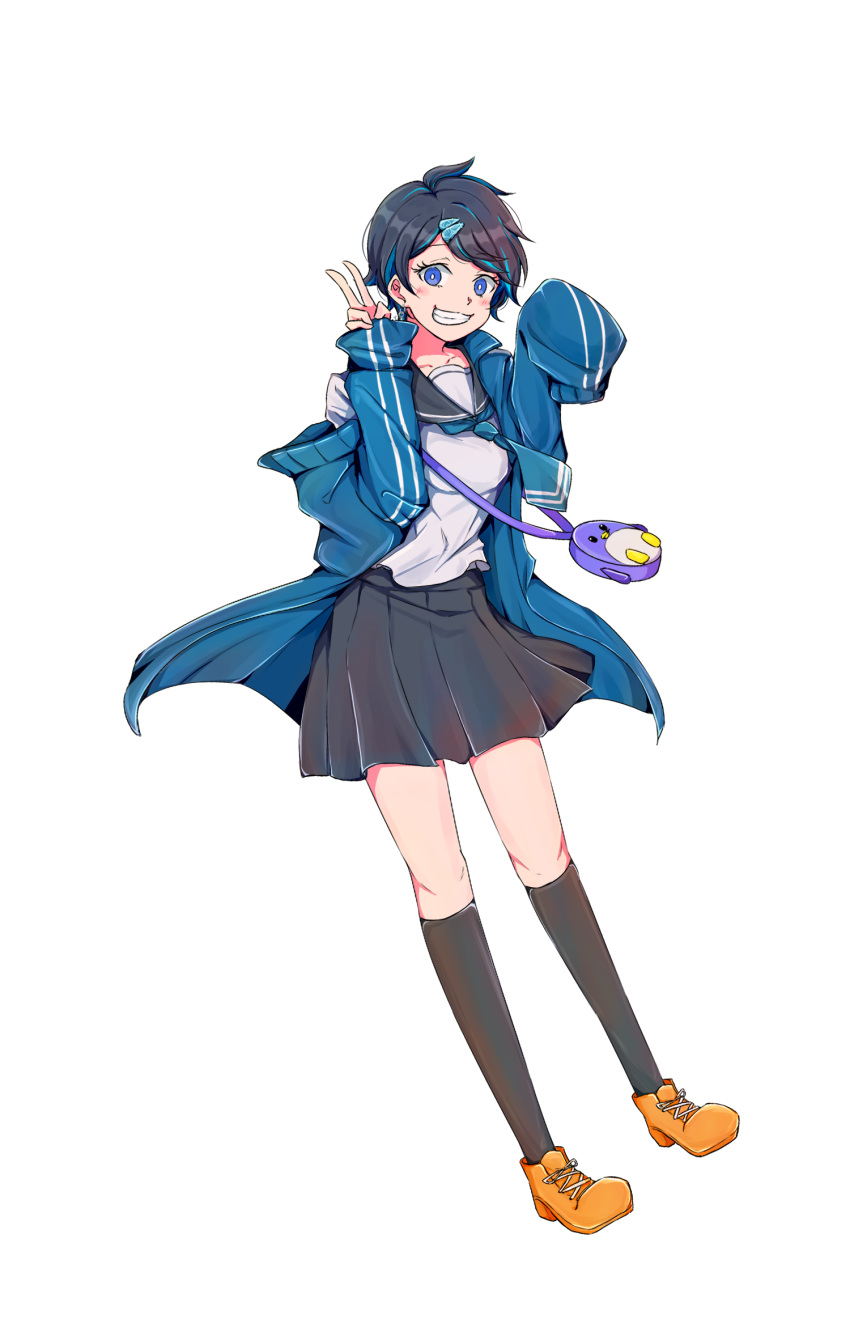 Safebooru - 1girl bag black hair black socks blue eyes blue hair blue jacket blue neckerchief ...