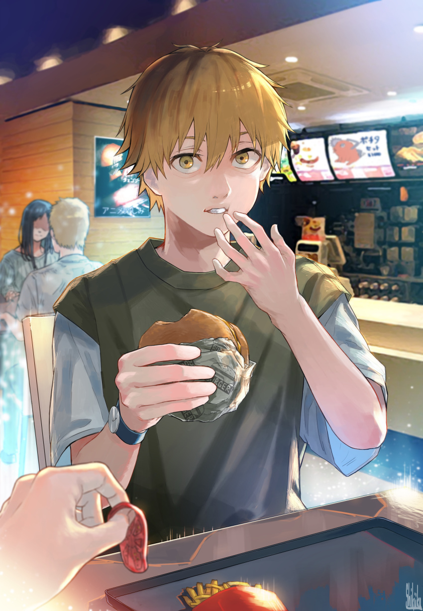 Safebooru - absurdres black hair blonde hair burger chainsaw chainsaw man denji (chainsaw man ...