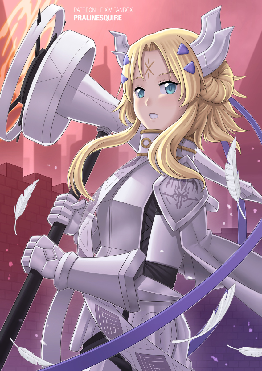 Safebooru - 1girl armor blonde hair castle dogmatika ecclesia the ...