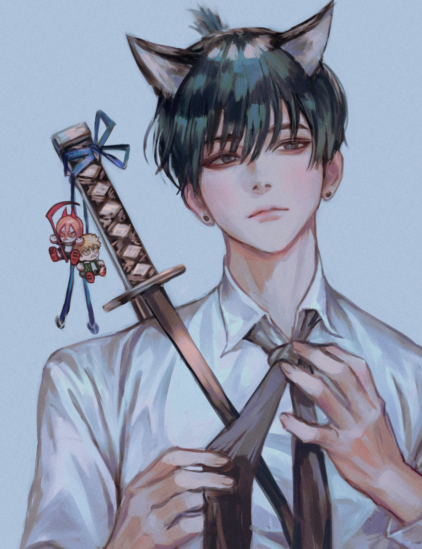 Safebooru - 1boy absurdres animal ears bangs black hair blue eyes blush cat ears chainsaw man ...