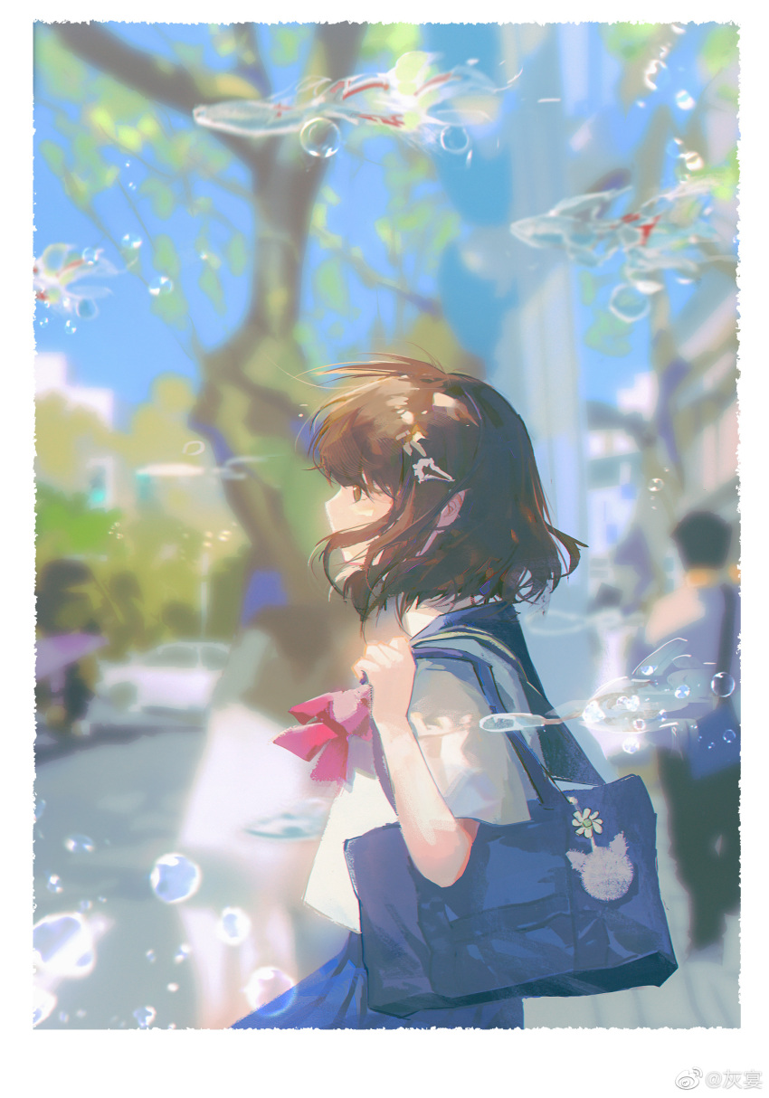 Safebooru - 1girl absurdres air bubble brown hair bubble fish floating hair highres looking afar ...