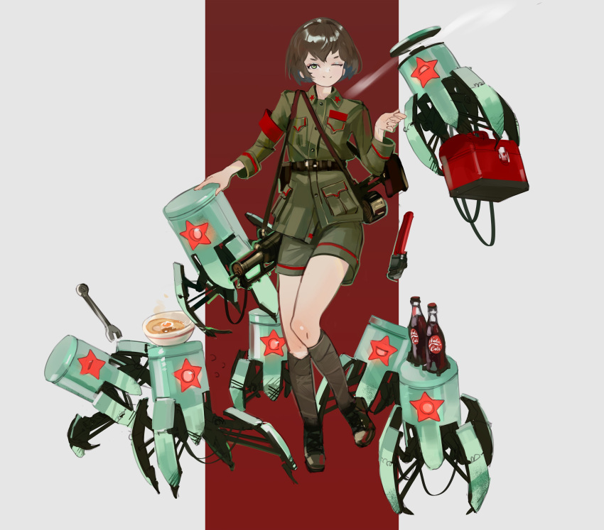 Safebooru - 1girl absurdres armband belt black belt bowl brown hair closed mouth fallout (series ...