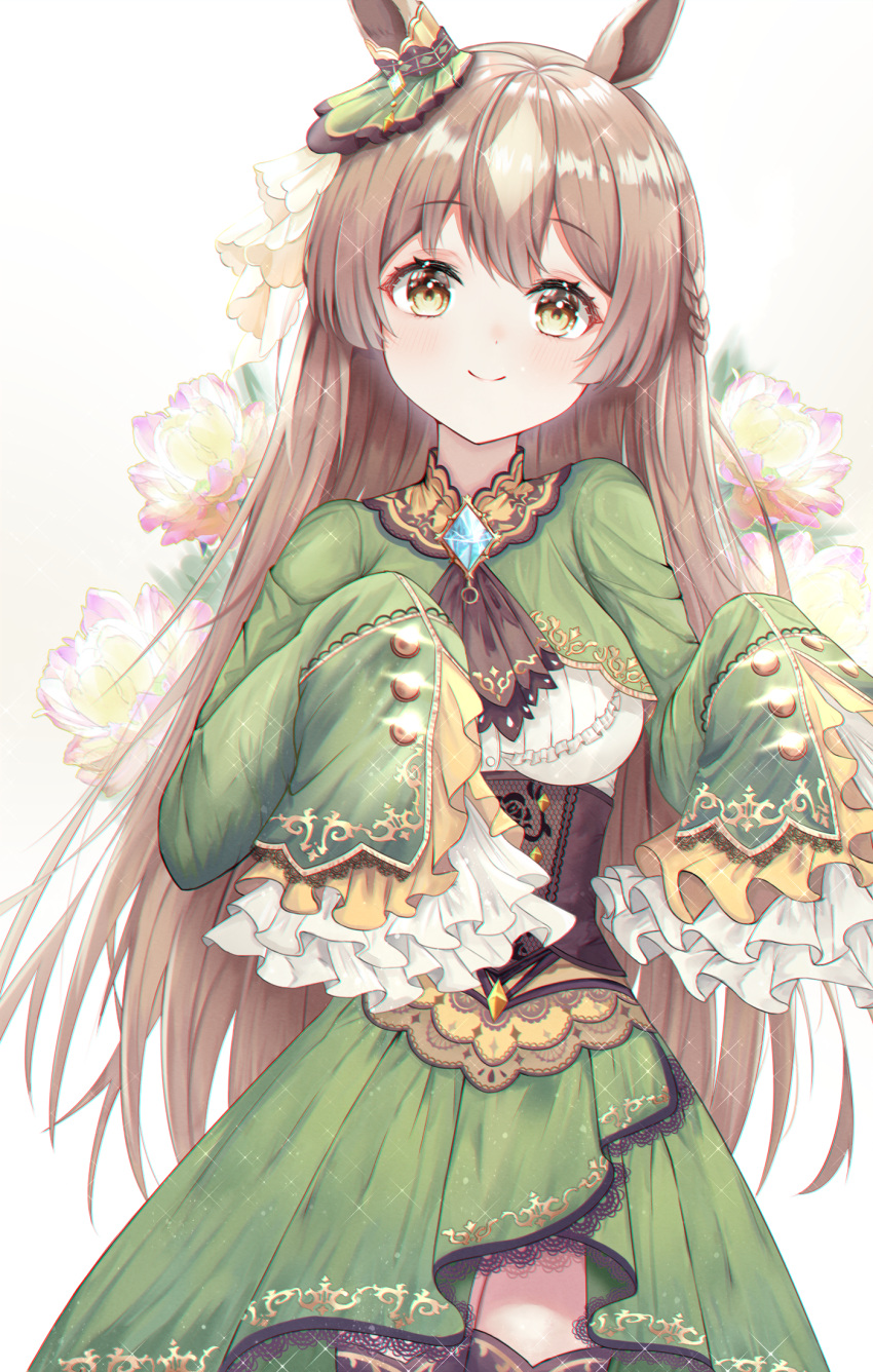 Safebooru - 1girl animal ears blush breasts brown hair commentary dress exusiai dust flower ...