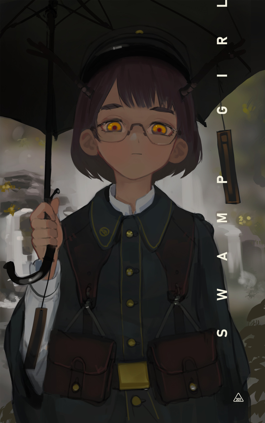 Safebooru - 1girl absurdres antlers black headwear brown hair closed mouth coat glasses hat ...