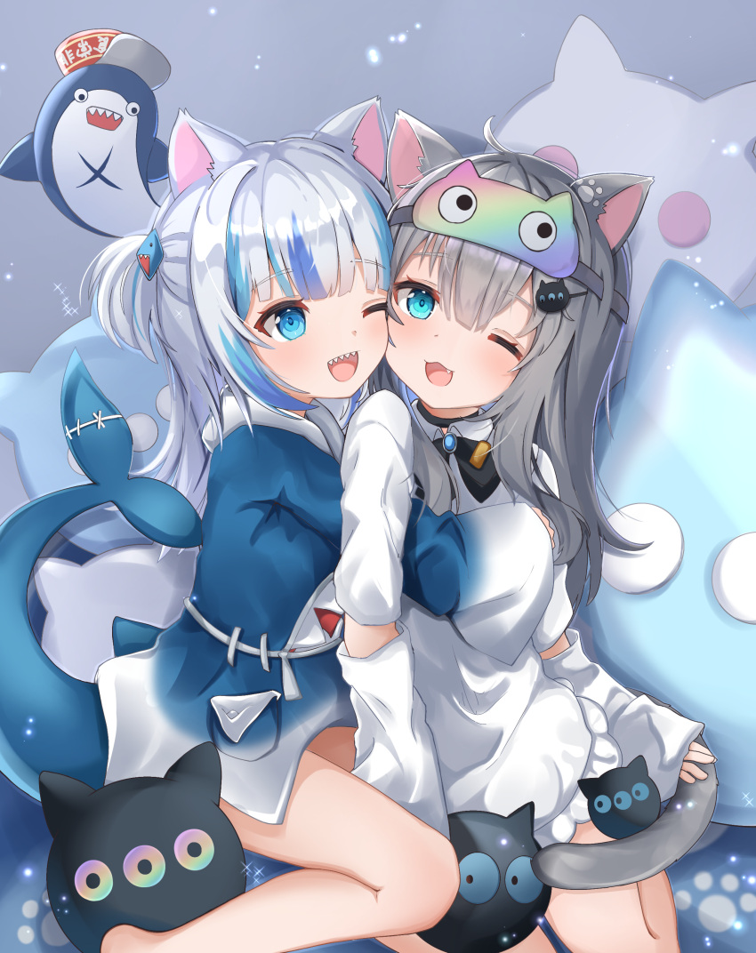 Safebooru - 2girls :3 absurdres animal ears animal hood bangs blue hair cat ears eye mask fang ...
