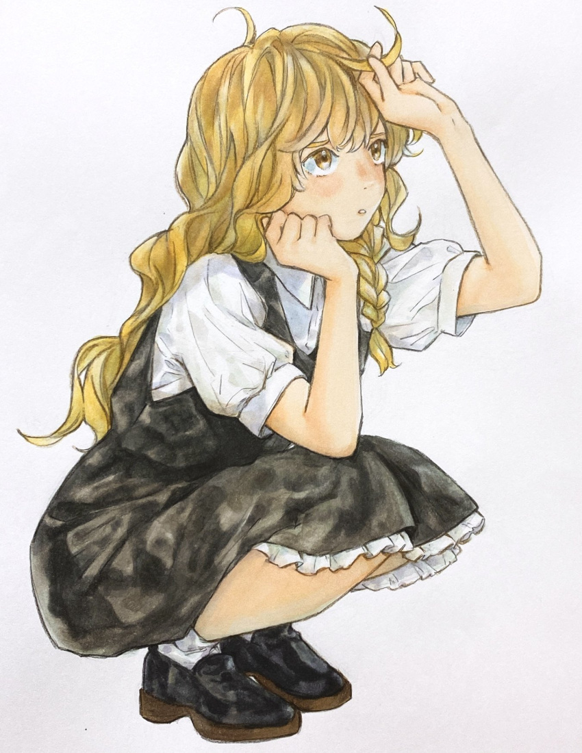 Safebooru - 1girl ahoge bangs black footwear black skirt black vest blonde hair braid brown ...
