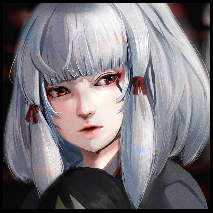 Safebooru - 1girl bangs black border black hair blunt bangs blurry blurry background border ...