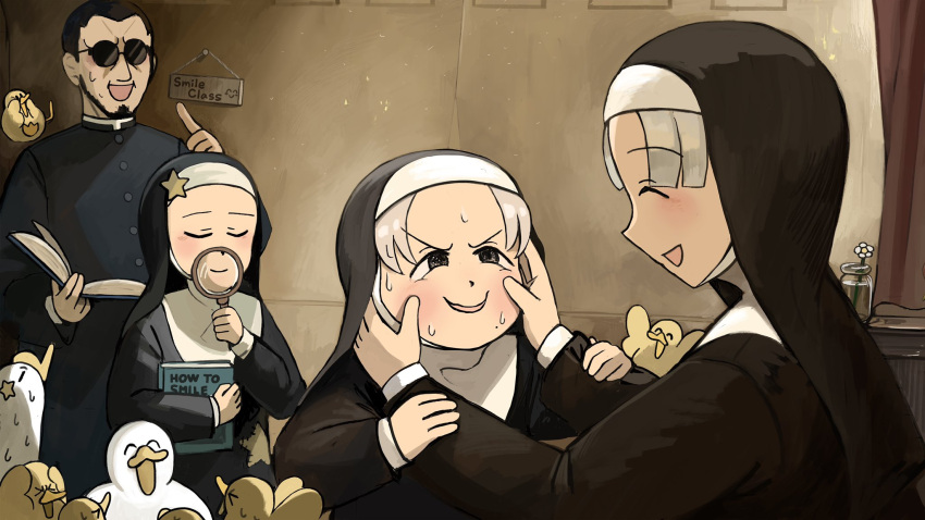 Safebooru - 1boy 3girls aged down bird black hair book catholic chicken ...