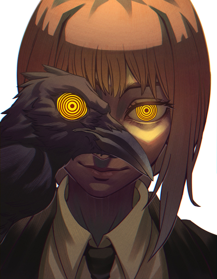 Safebooru - 1girl 1other absurdres bird black jacket black necktie chainsaw man collared shirt ...