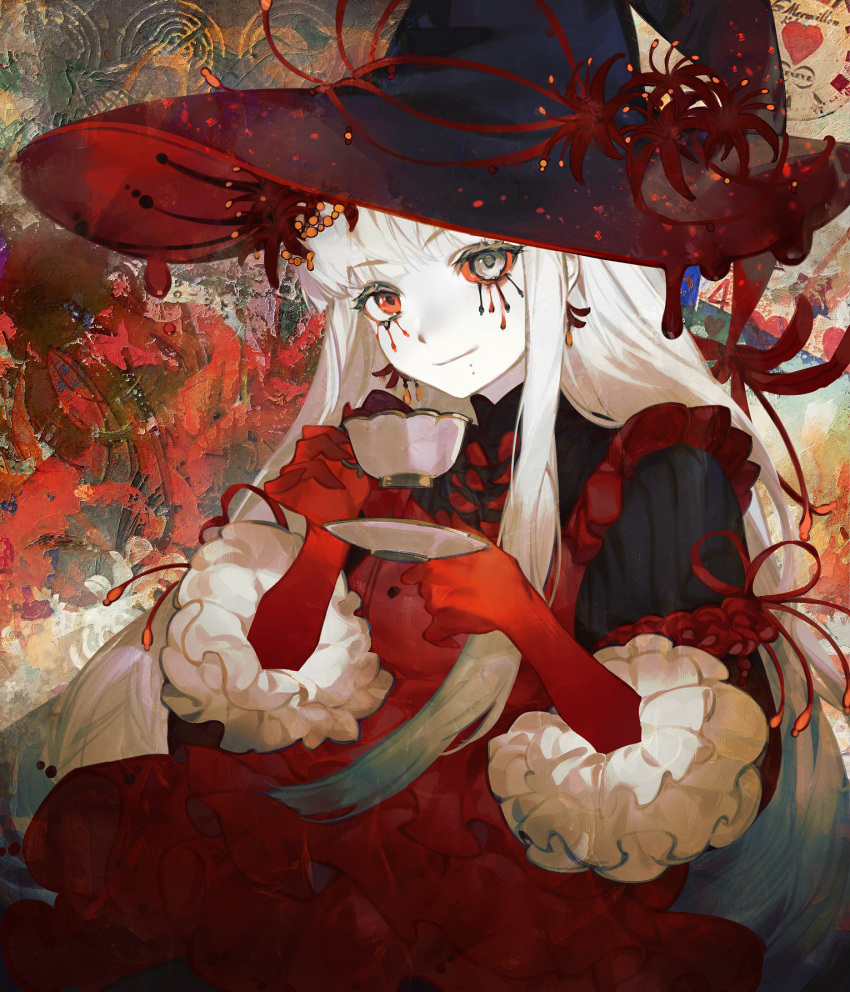 Safebooru - 1girl abstract background black headwear colored sclera ...