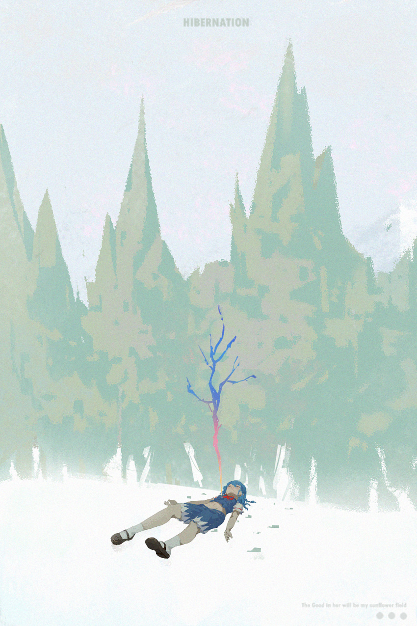 Safebooru - 1girl blue hair cirno english text highres ribbon scenery ...