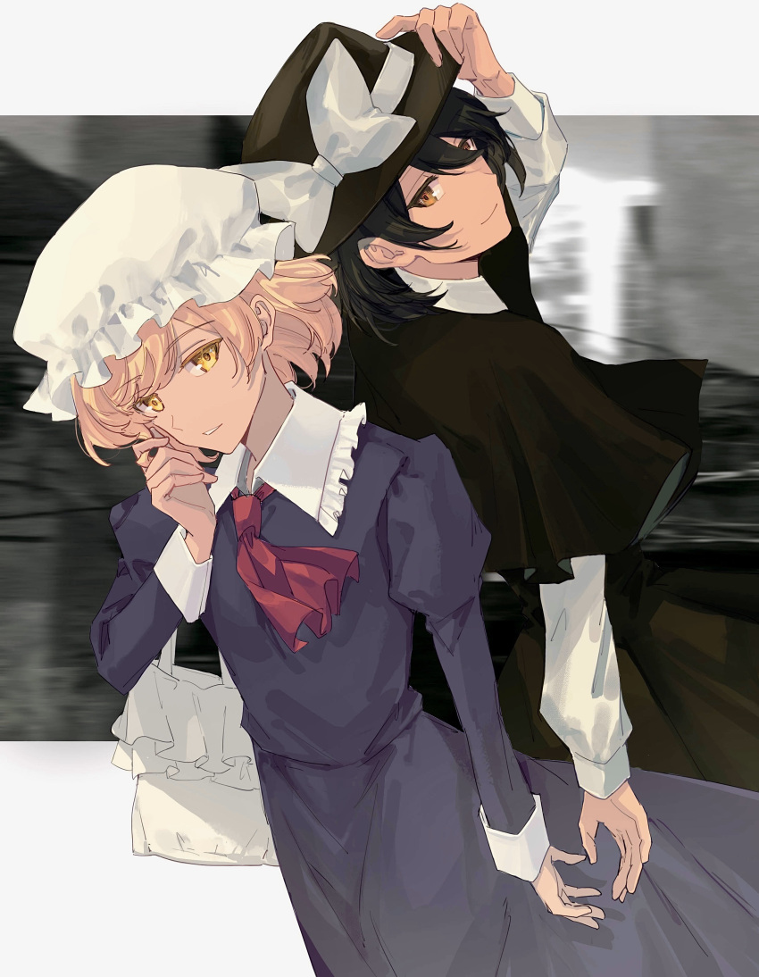 Safebooru - 2girls absurdres ascot bag black capelet black hair black headwear black skirt ...