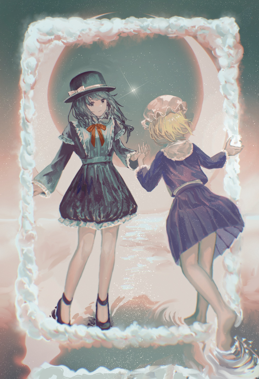 Safebooru - 2girls absurdres black dress black eyes black footwear black hair black headwear ...