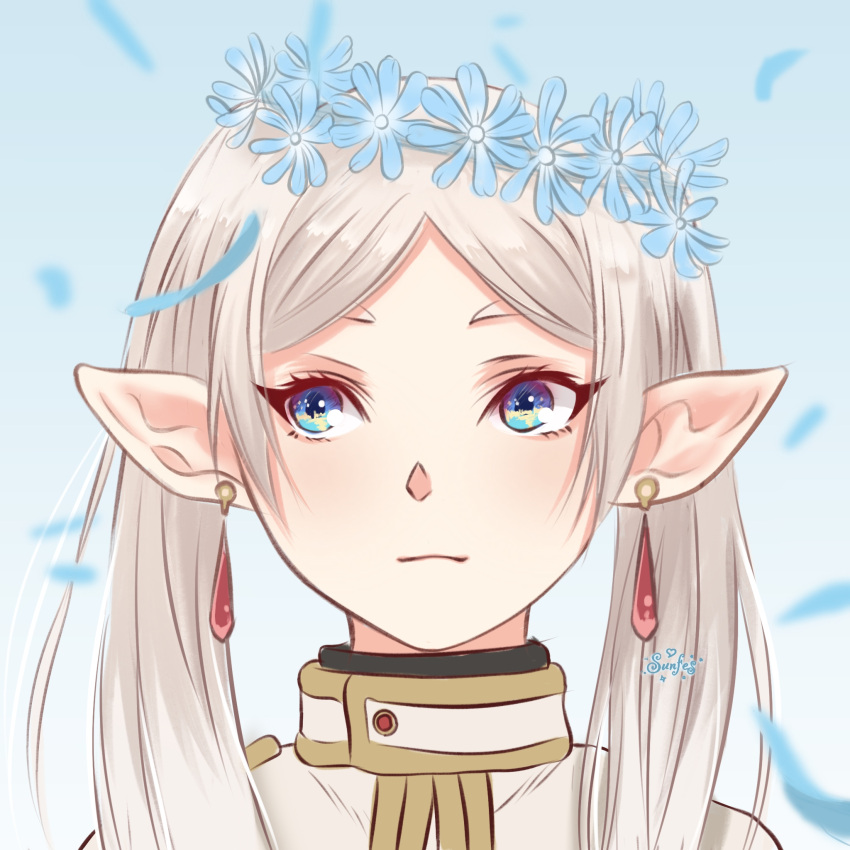 Safebooru - 1girl bangs blue eyes blue flower blurry blurry foreground closed mouth earrings ...