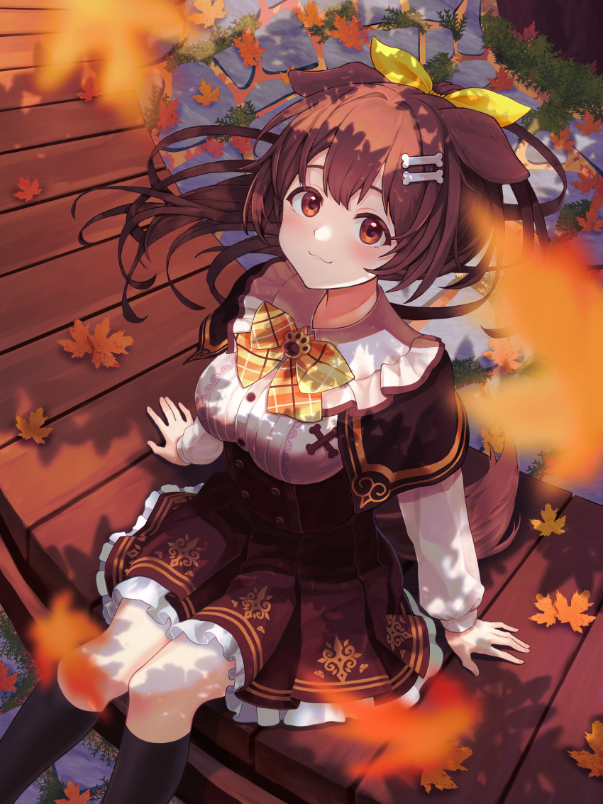 Safebooru - 1girl :3 absurdres animal ears autumn autumn leaves black socks blush bone hair ...