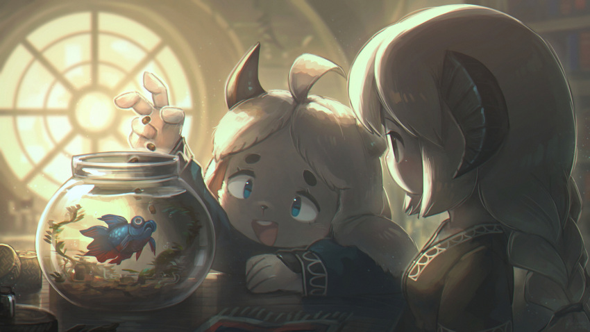 Safebooru - 2girls :d absurdres ahoge animal ears blue eyes braid colored skin english ...